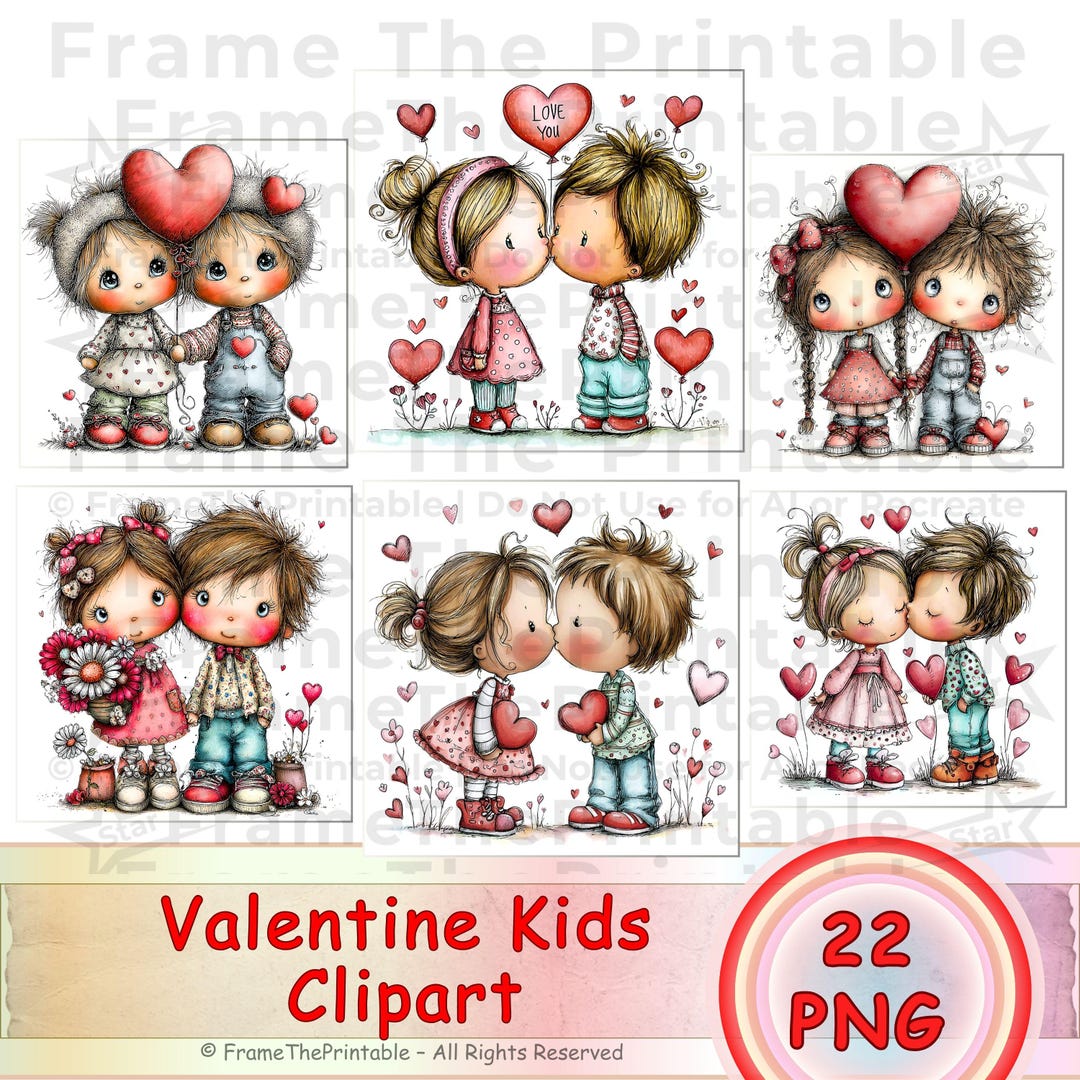 Valentine Kids Clipart Set, Cute Boy Girl Couples With Hearts ...