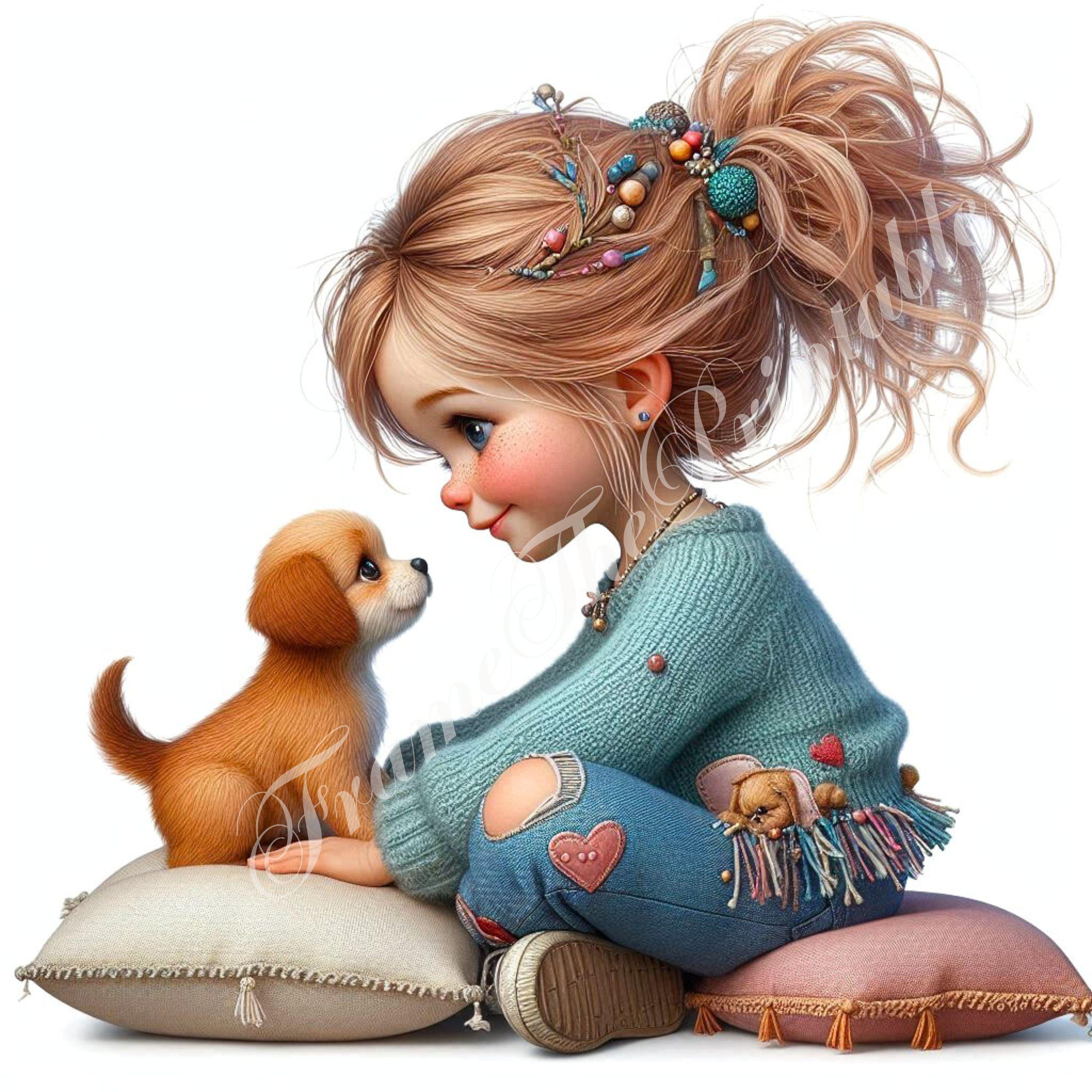 10 Cute Girl With Puppy Clipart, Whimsical Girl With Dog JPG Images ...