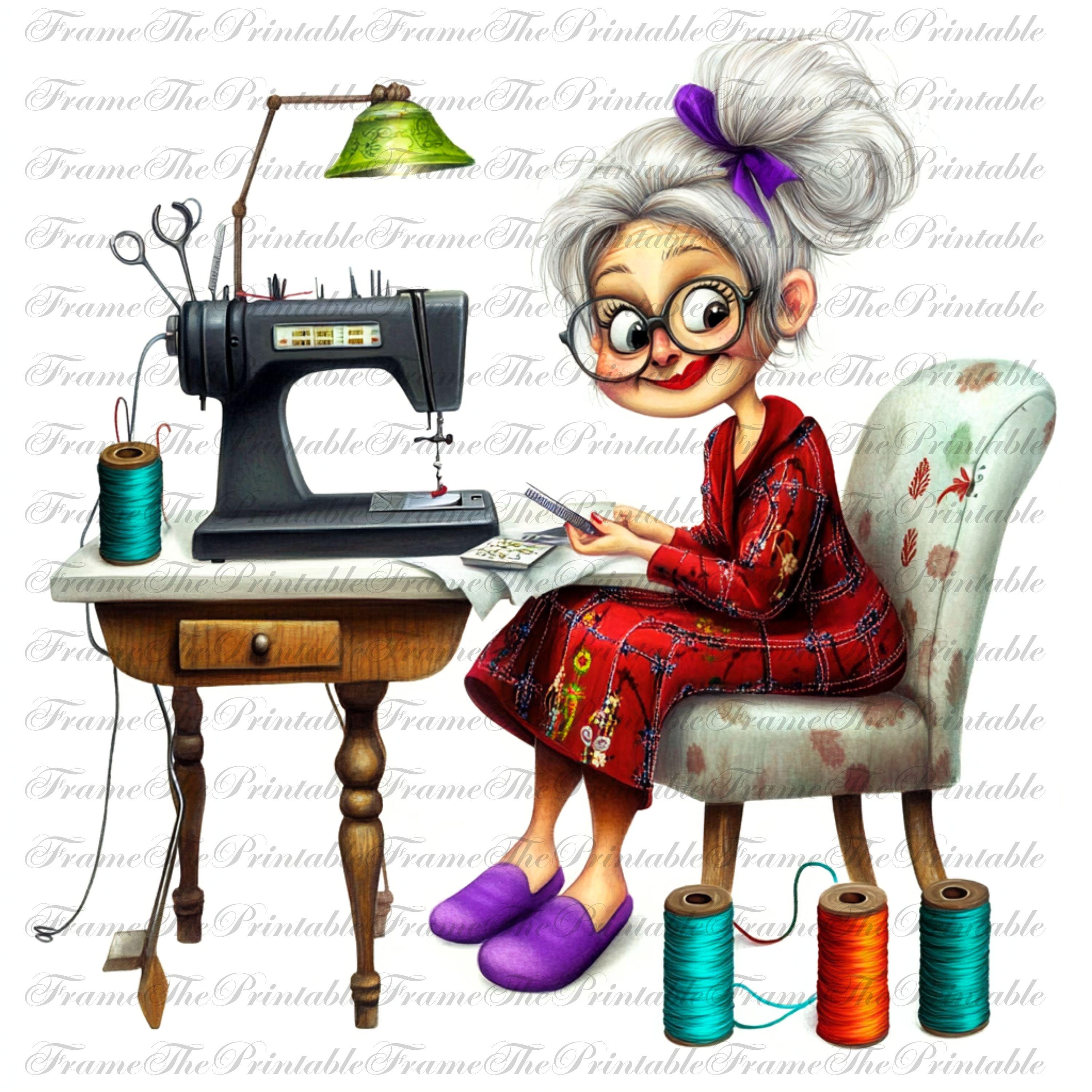 Quirky Seamstress Clipart, Funny Sewer Lady, Quirky Granny Sewing ...