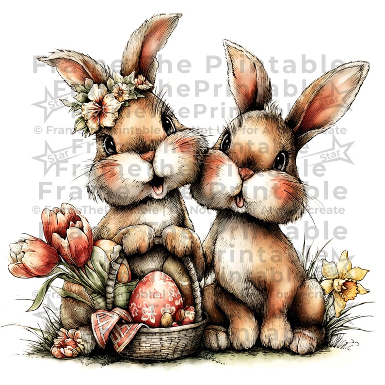 Whimsical Easter Bunnies Clipart, Spring Animals, Eggs, Flowers ...
