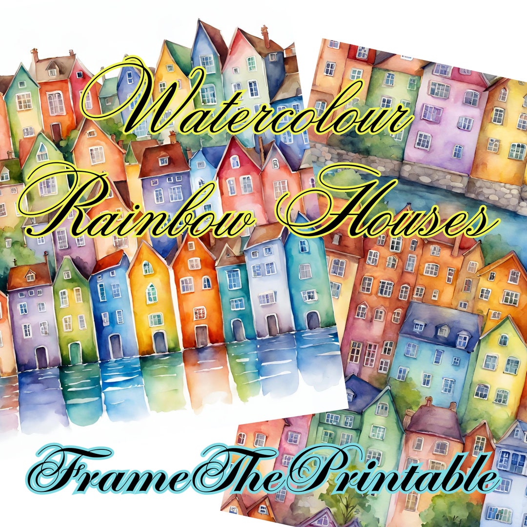 Watercolour Rainbow Houses Printable Digital Download Scrapbooking ...