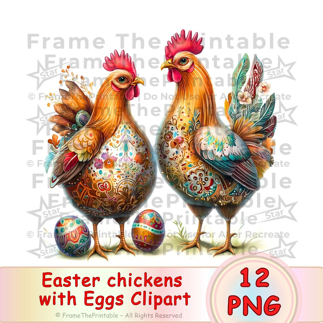 Easter Chickens With Eggs Clipart, Whimsical Birds and Flowers, Spring ...