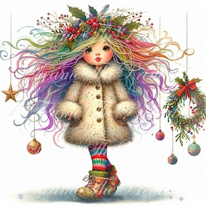 Cute Quirky Christmas Girl Clipart Commercial Images Whimsical Ephemera ...