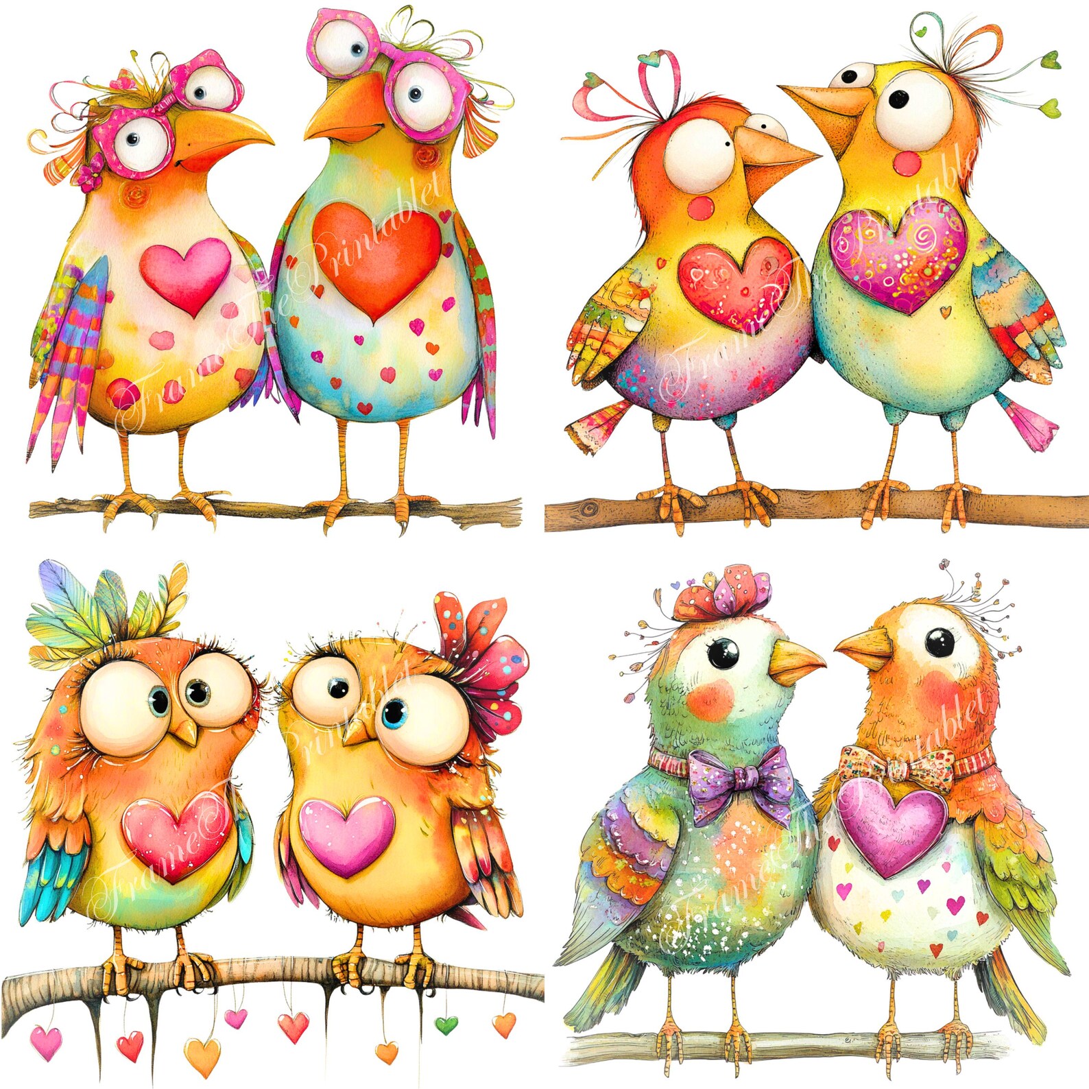 Valentines Birds Love Clipart, Colourful Birds, Whimsical Animals, JPG ...