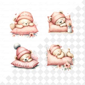 Sleeping Bear Clipart PNG Set Cute Baby Girl Teddy in Pink Pajamas ...