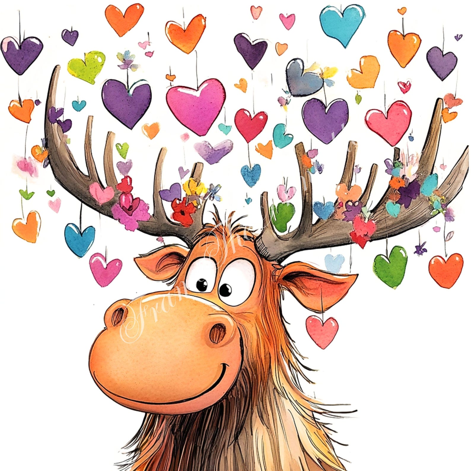 Quirky Valentine Moose Clipart Floral Watercolour Whimsical Fantasy 10 ...