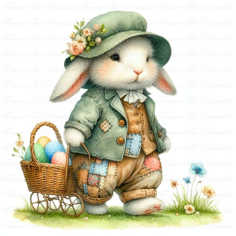 Easter Bunny With Eggs Clipart, Vintage Rabbit With Floral Hat PNG ...