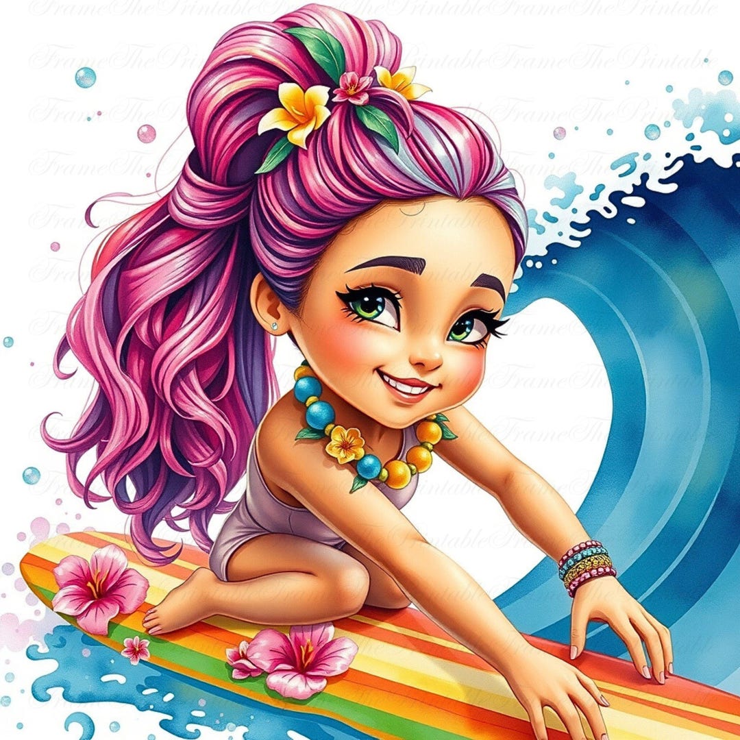 Kawaii Surfer Girl Clipart, Cute Summer Surf PNG, Tropical Beach ...