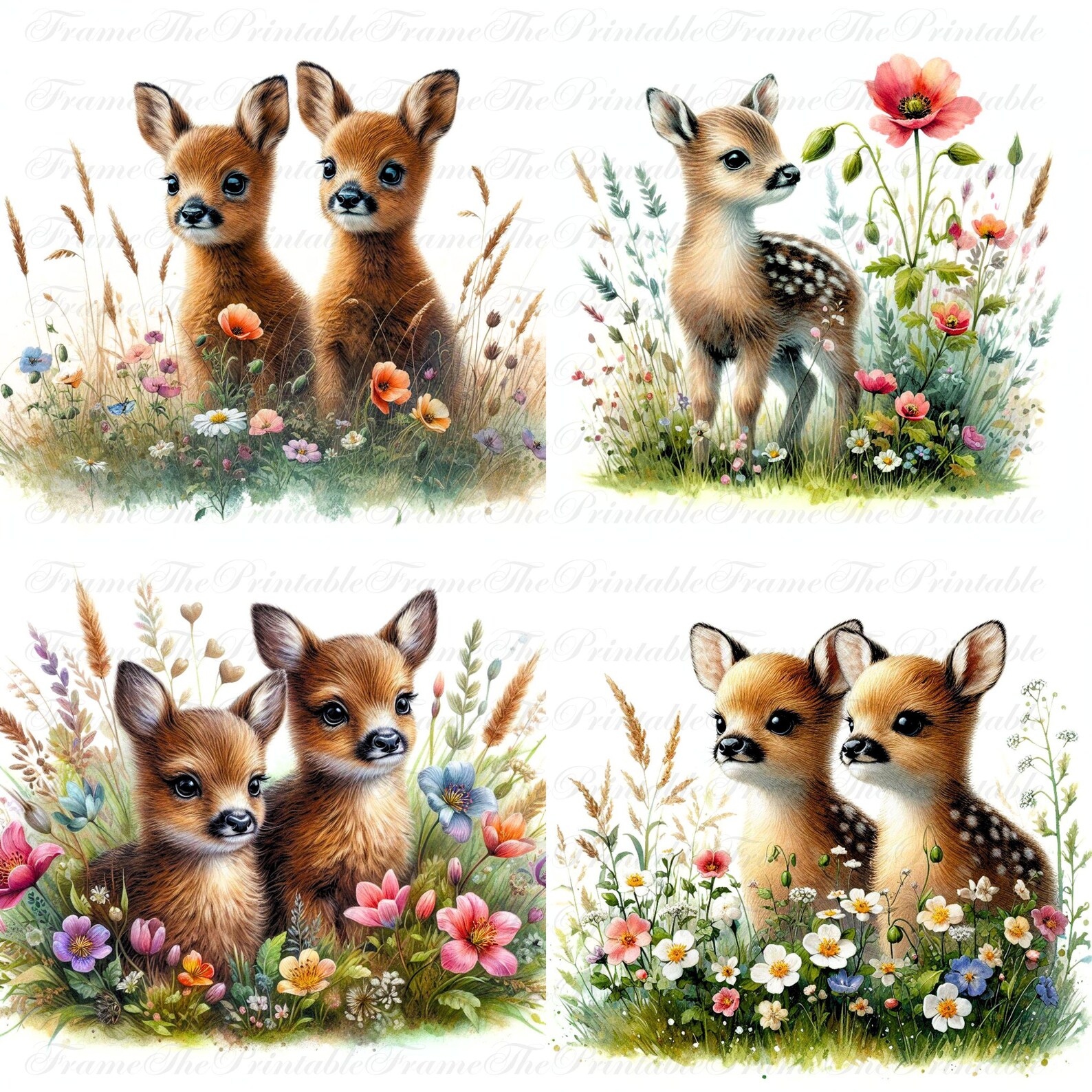 20 Cute Roe in a Floral Grass Clipart, Whimsical Wild Animals Art ...