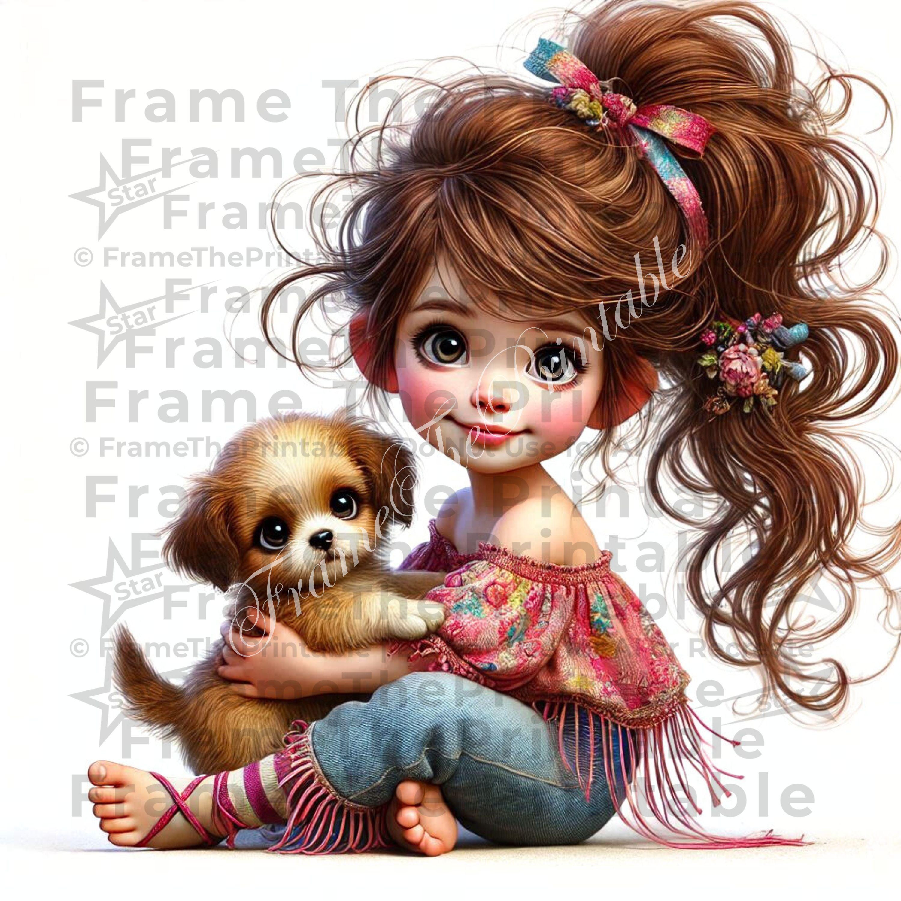 Girl With Puppy Clipart Whimsical Cute Girl With Dog Bundle Watercolour ...