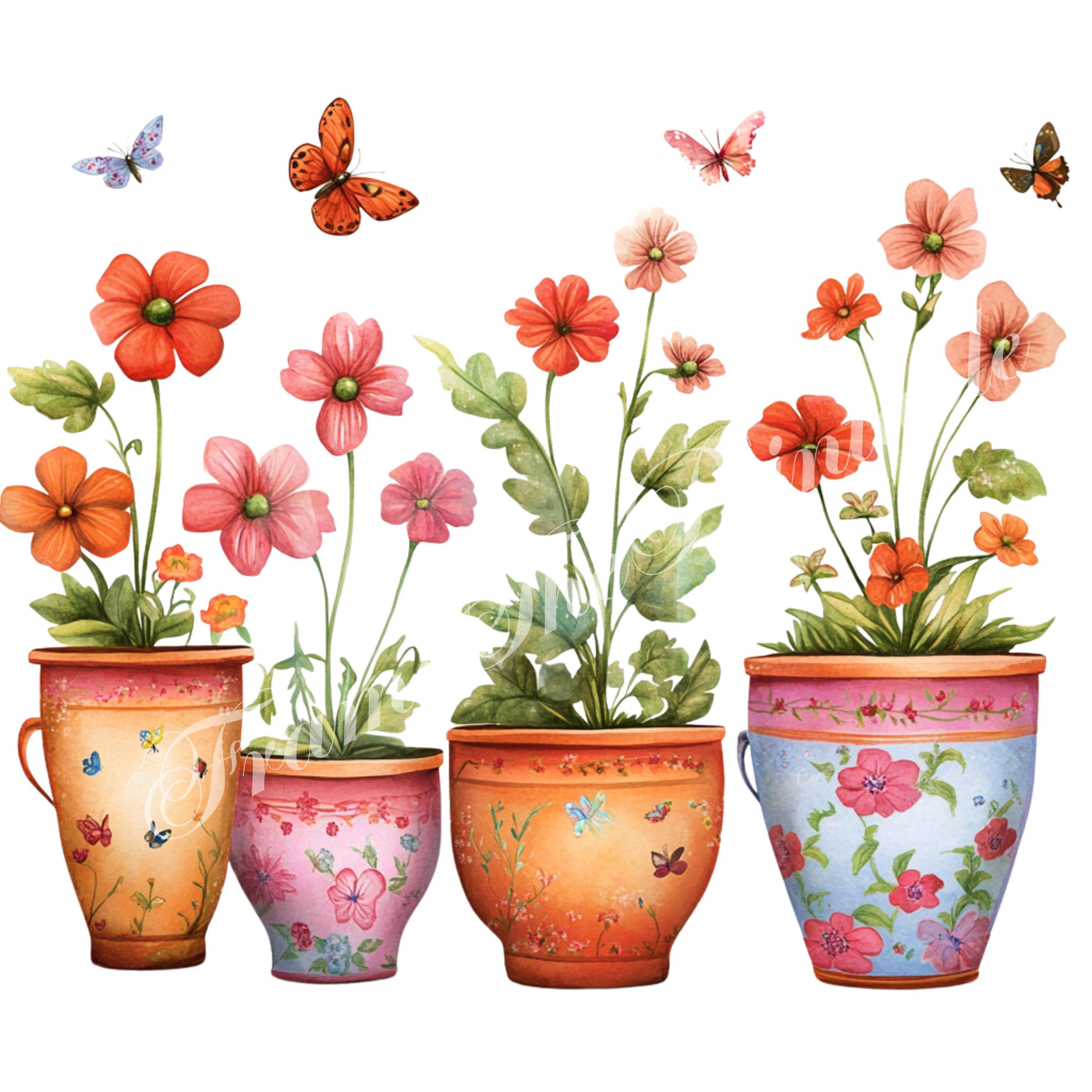 12 Whimsical Pots of Flowers Clip Art ,watercolour Row of Flowers, High ...