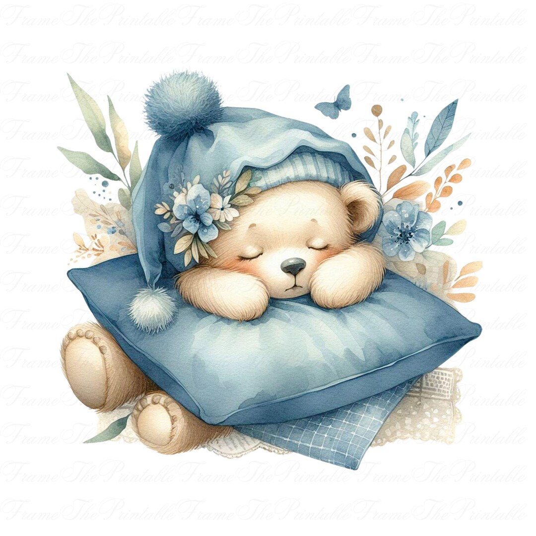 Sleeping Bear Clipart, New Born Baby Boy Bear, Nursery Blue Pyjamas ...