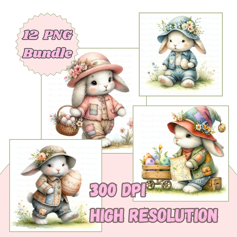 Easter Bunny With Eggs Clipart, Vintage Rabbit With Floral Hat PNG ...