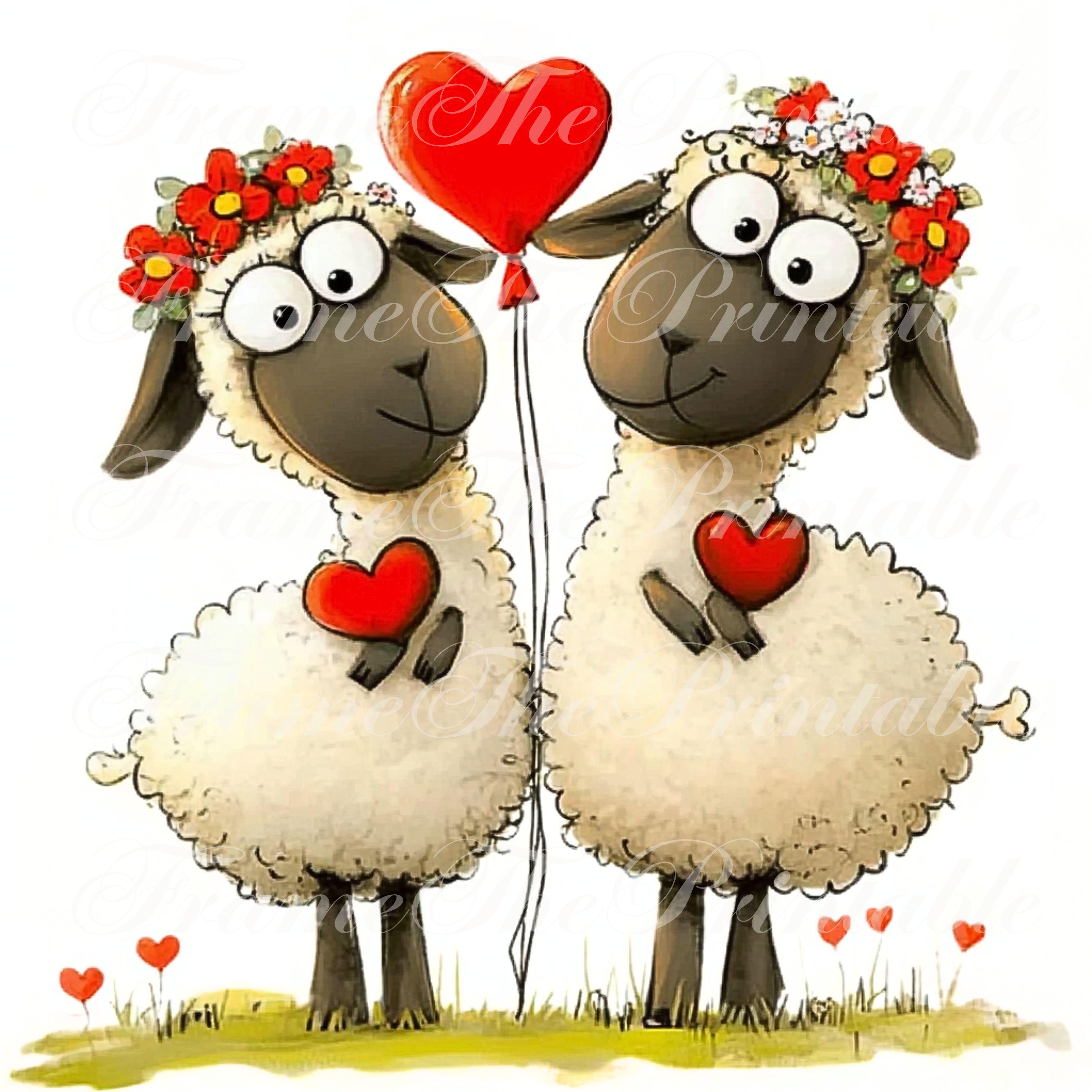 Cute Sheep in Love Clipart, Funny Valentine Quirky Lambs With Hearts ...