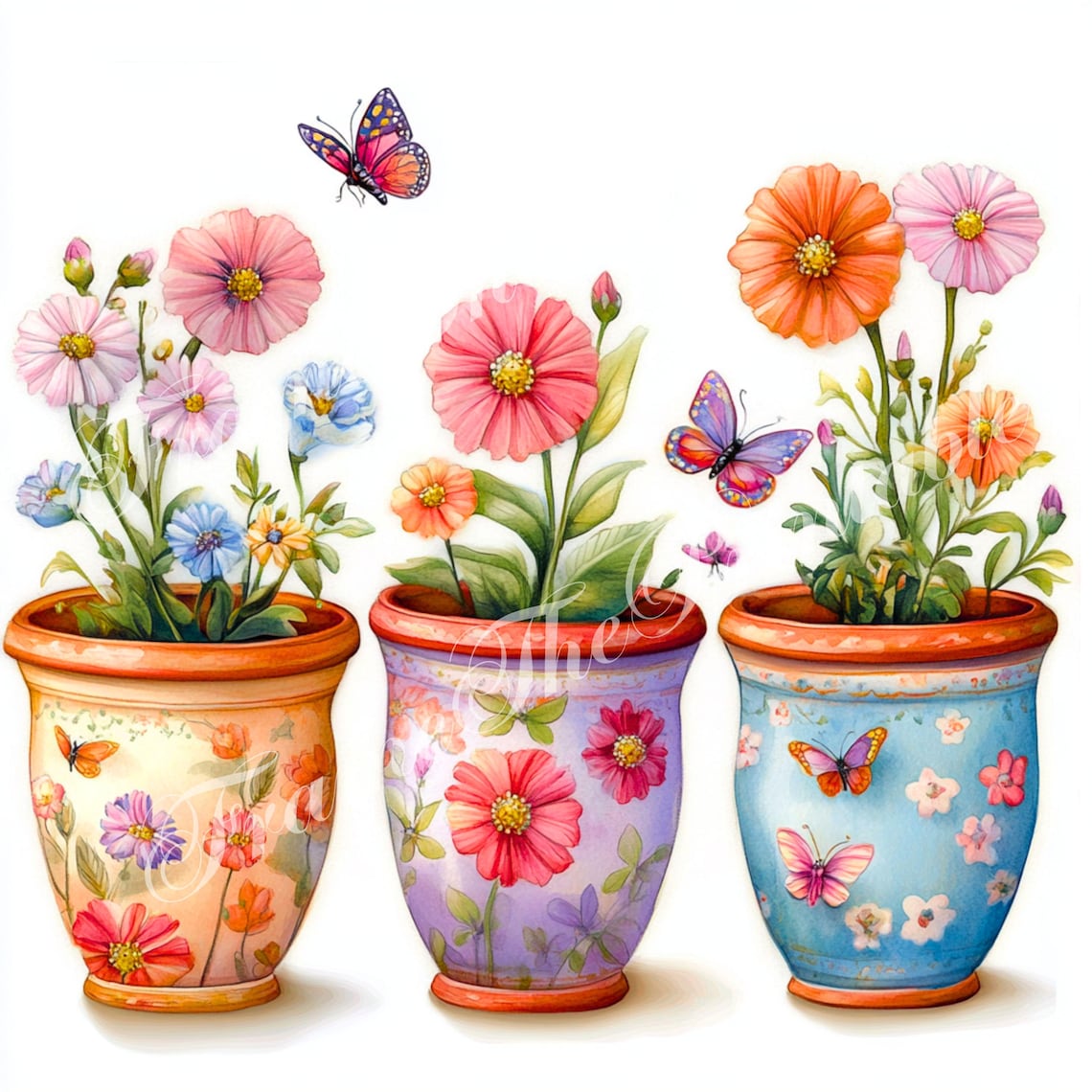 12 Whimsical Pots of Flowers Clip Art ,watercolour Row of Flowers, High ...