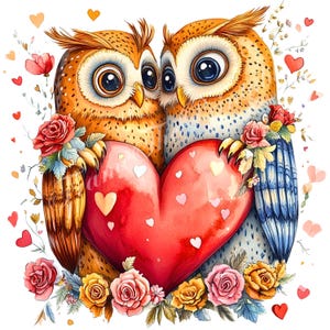 13 Quirky Valentine Owls Clip Art Watercolour High Res JPG Bulk Junk ...