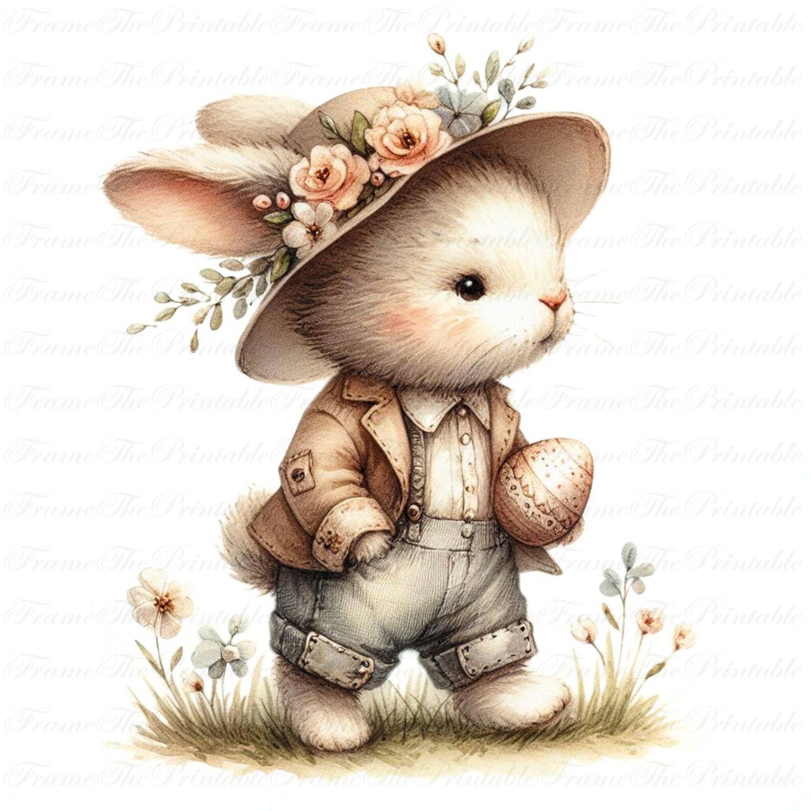 Easter Bunny With Eggs Clipart, Vintage Rabbit With Floral Hat PNG ...