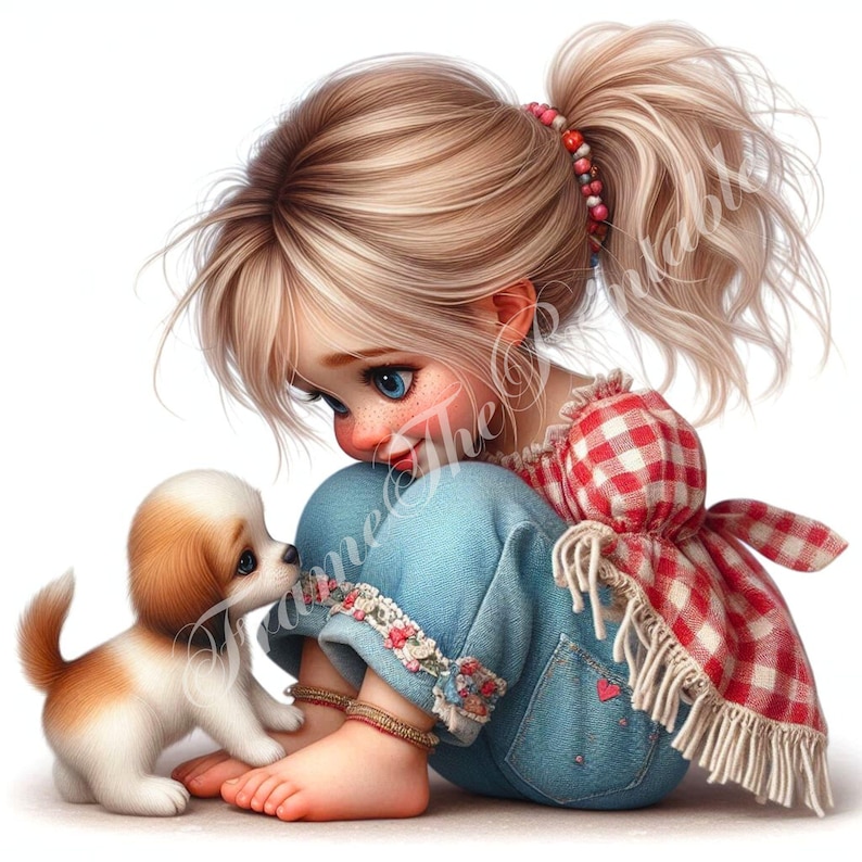 10 Cute Girl With Puppy Clipart, Whimsical Girl With Dog JPG Images ...