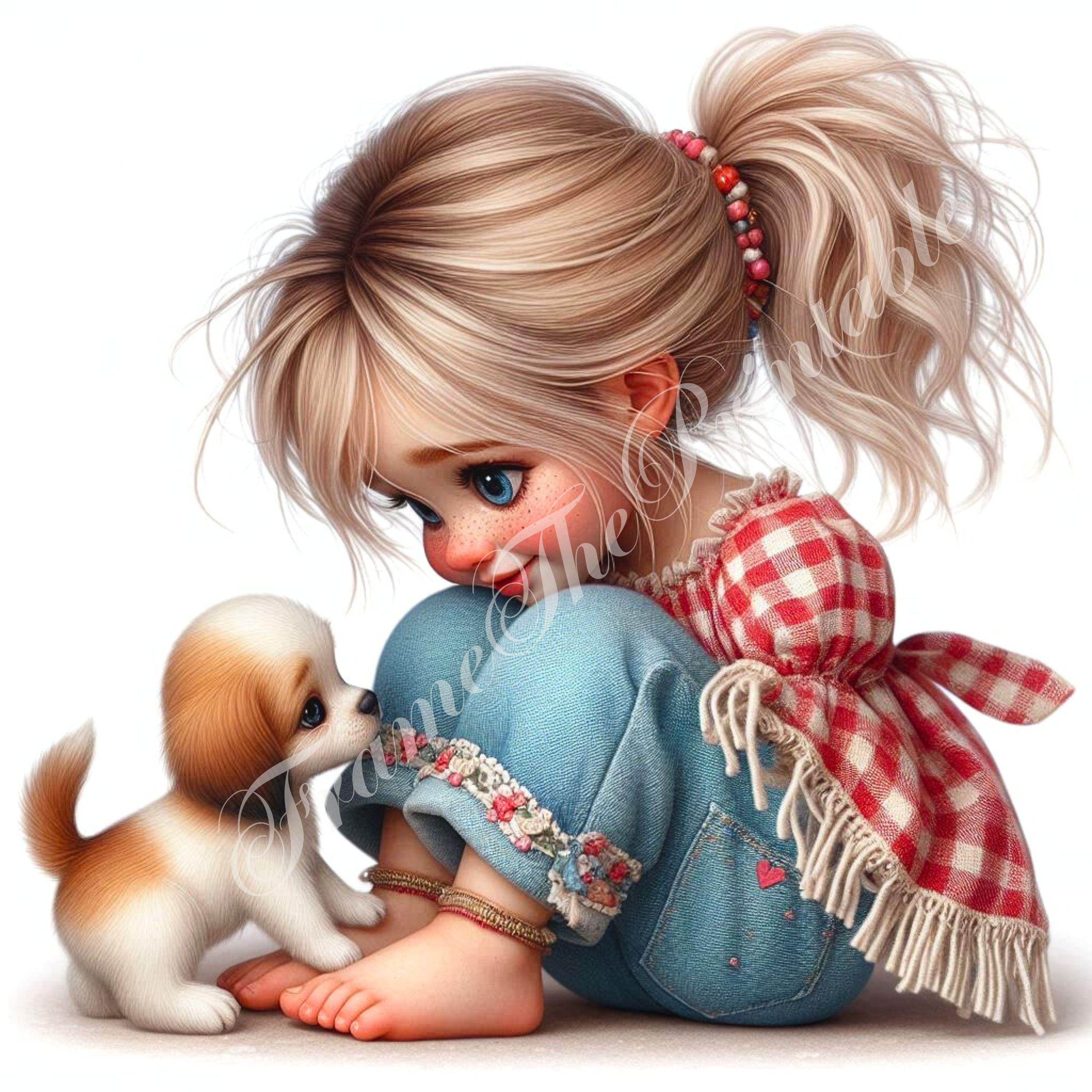 10 Cute Girl With Puppy Clipart, Whimsical Girl With Dog JPG Images ...