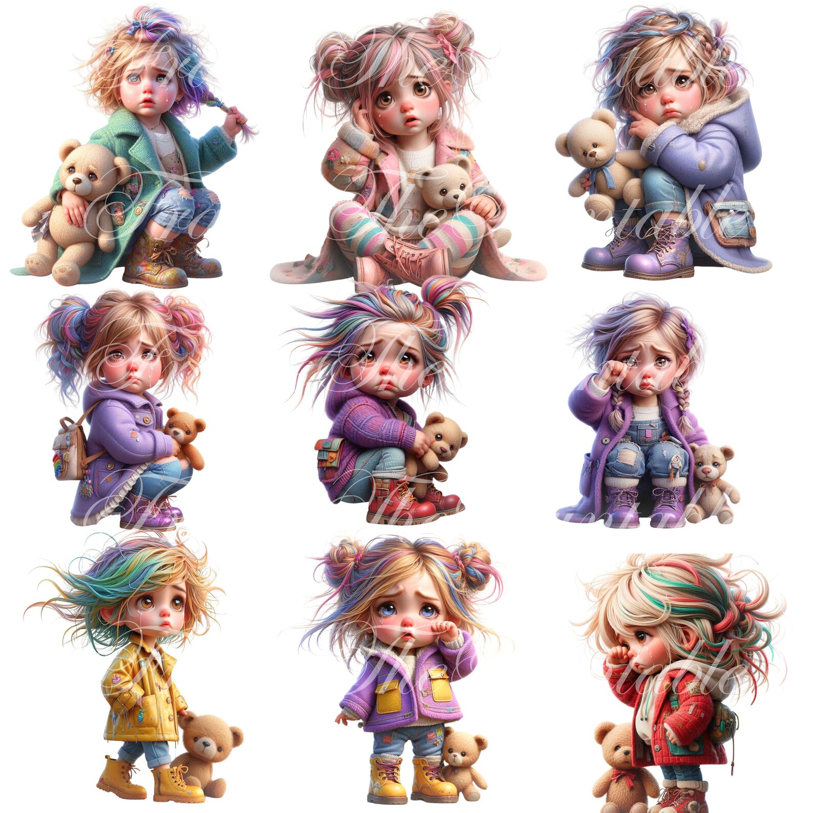 Sad Crying Cute Girl Adorable Illustrations Commercial Use Whimsical ...