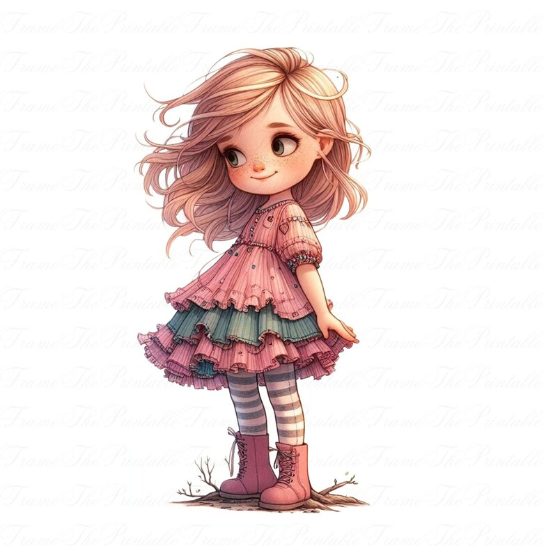 Cute Girl Frills Dress Clipart, Whimsical Girl PNG, Nursery Art 300 DPI ...