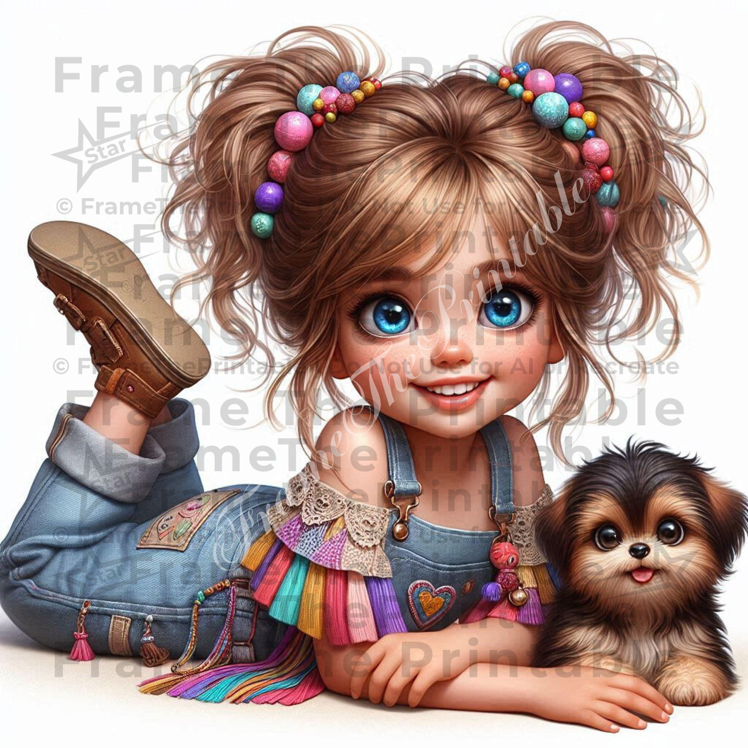 Whimsical Watercolor Girl With Puppy Clipart JPG, Cute Girls and Dogs ...