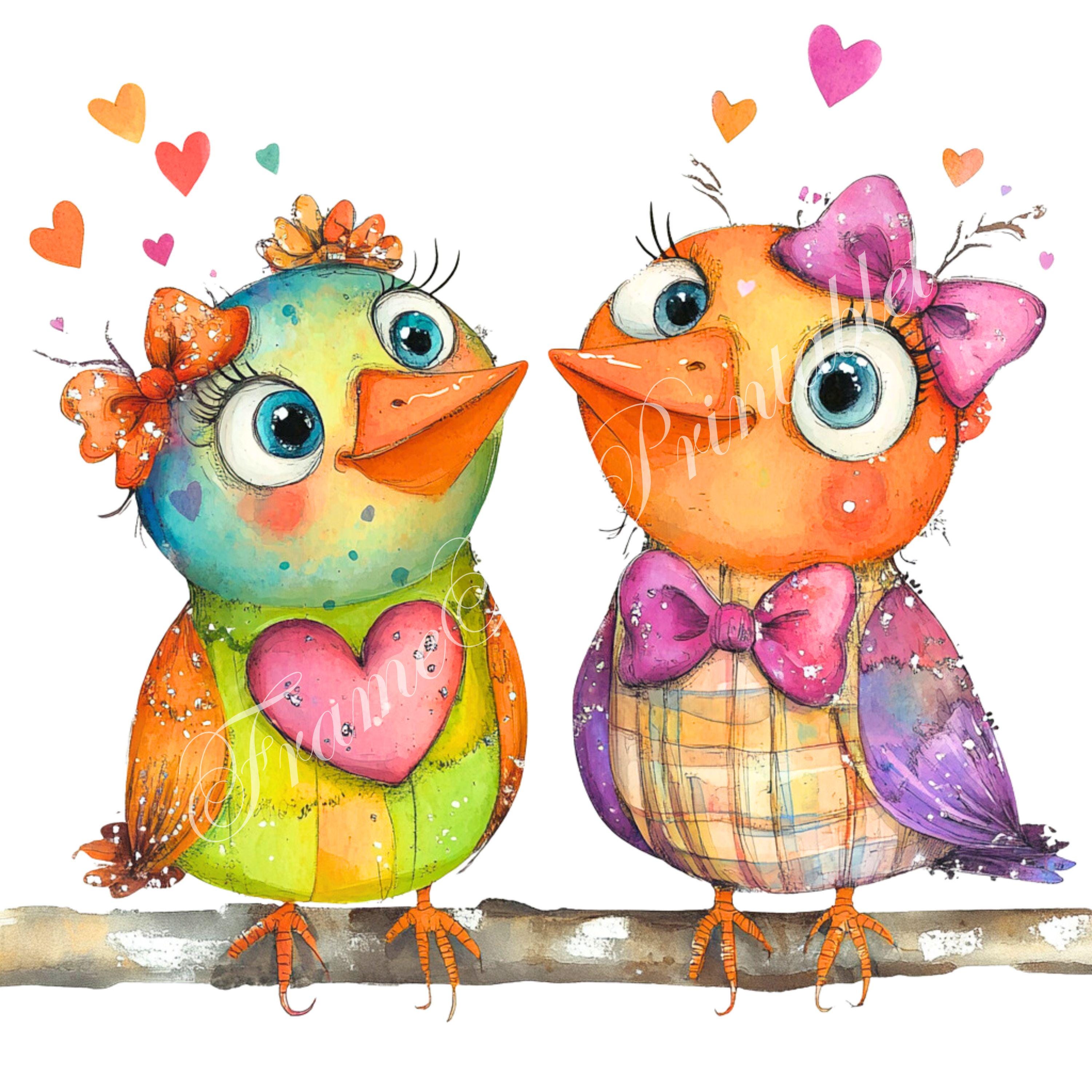 Valentines Birds Love Clipart, Colourful Birds, Whimsical Animals, JPG ...