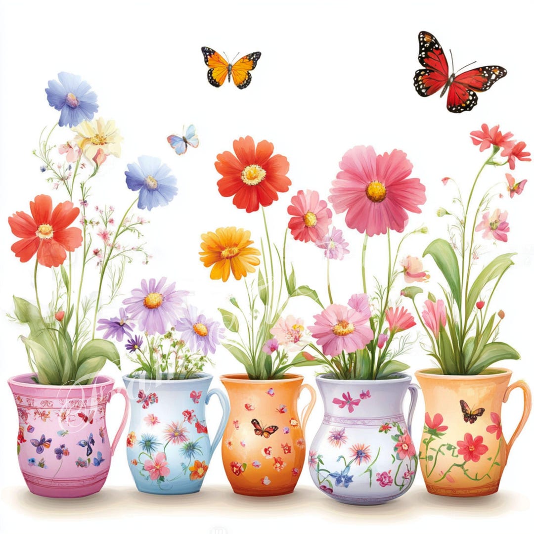 12 Whimsical Pots of Flowers Clip Art ,watercolour Row of Flowers, High ...