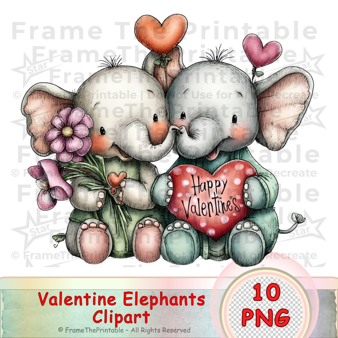 Valentine Elephants Clipart, Cute Baby Elephant Couples With Hearts ...