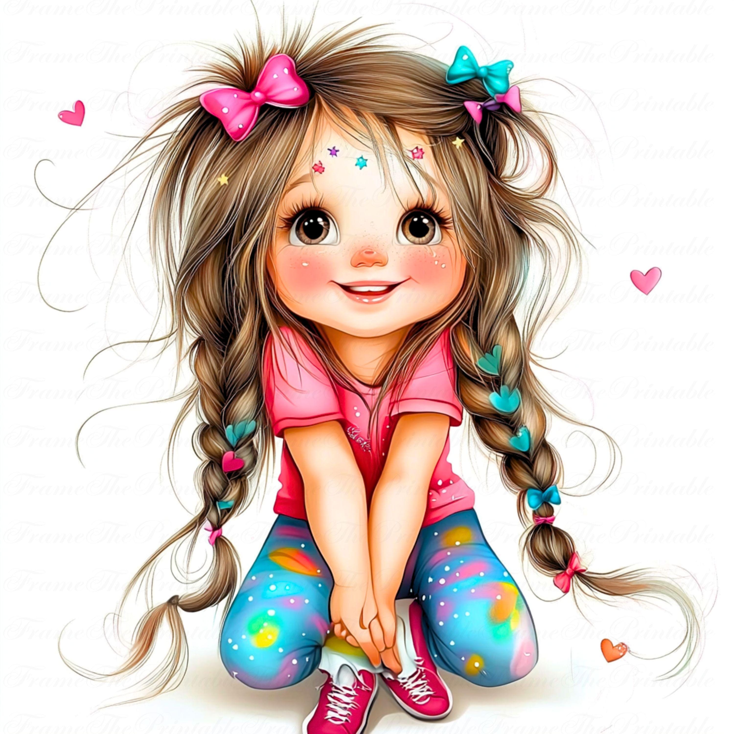 Adorable Little Girl Clip Art, Whimsical Girl With Braids, Instant ...