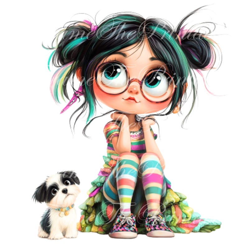 Cute Girl With Puppy Colourful Clipart Commercial Whimsical Ephemera ...