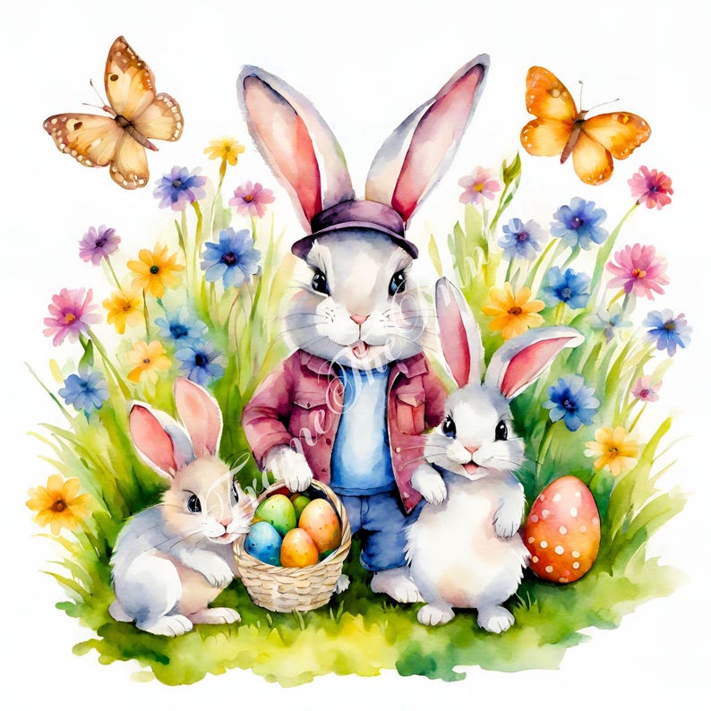 Easter Bunny Floral Family Clipart Whimsical Rabbits With Eggs Bundle ...