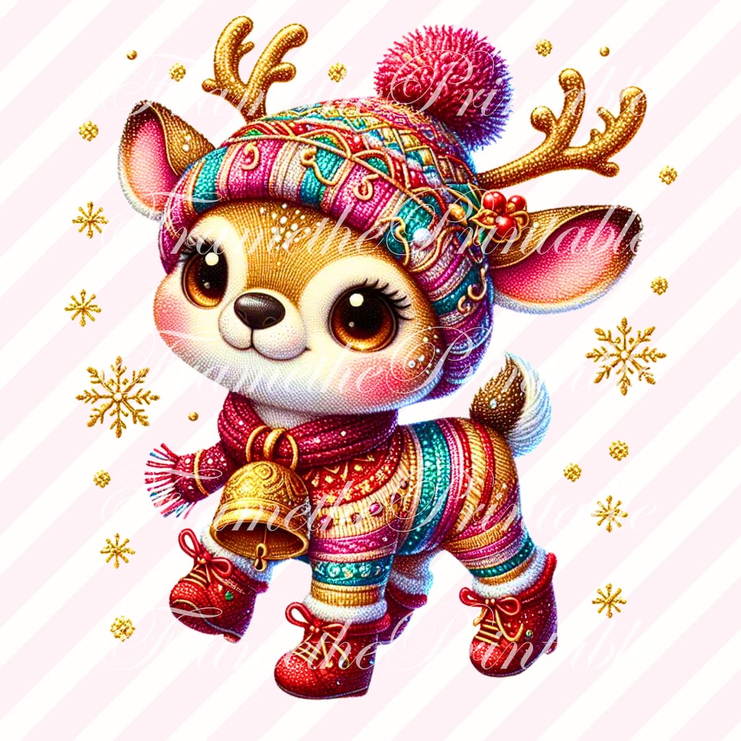 Whimsical Christmas Reindeer Clipart With Festive Colours Xmas Accent ...