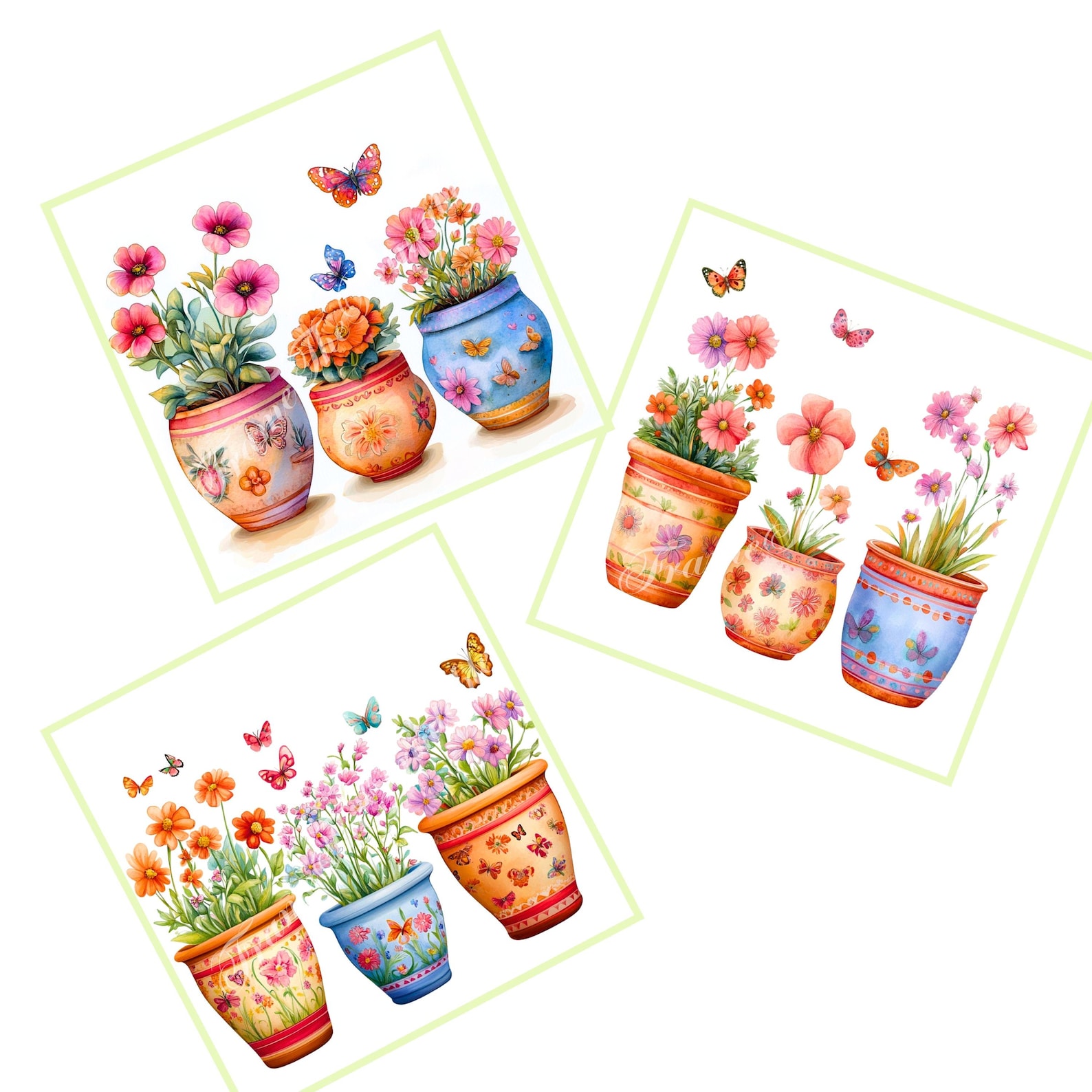 12 Whimsical Pots of Flowers Clip Art ,watercolour Row of Flowers, High ...