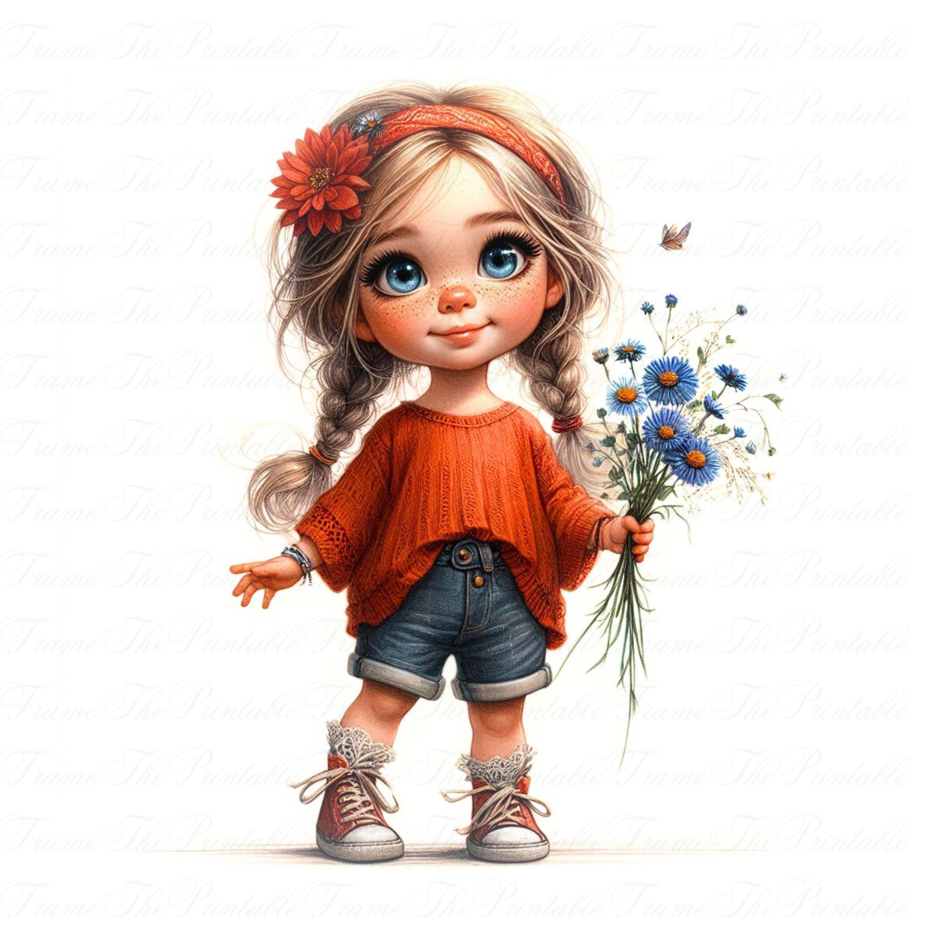 Cute Girl Clipart Bundle, 14 PNG High Resolution 300 DPI, Floral Boho ...