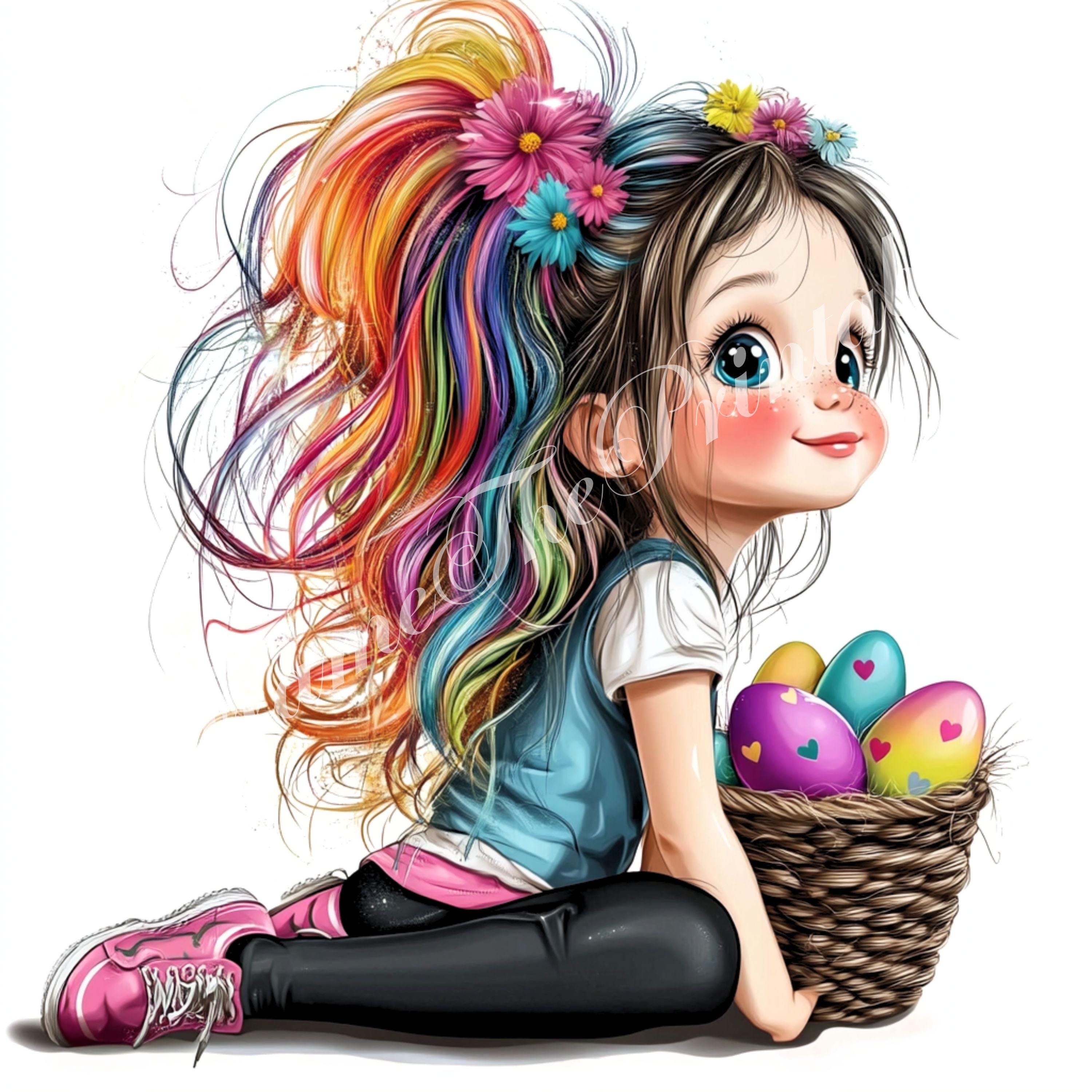 Easter Girl Clipart PNG, Cute Spring Illustration, Basket of Eggs, Girl ...
