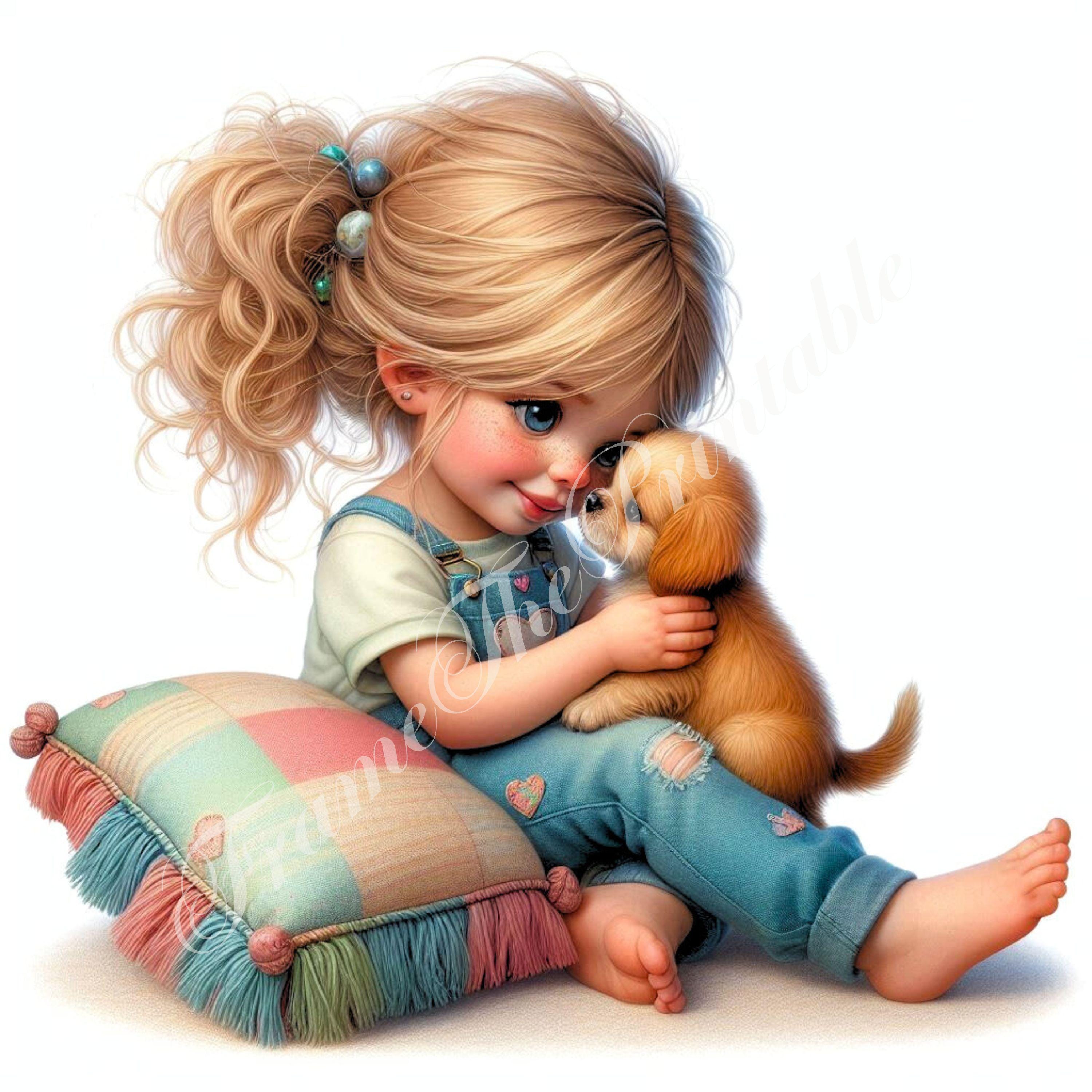 10 Cute Girl With Puppy Clipart, Whimsical Girl With Dog JPG Images ...
