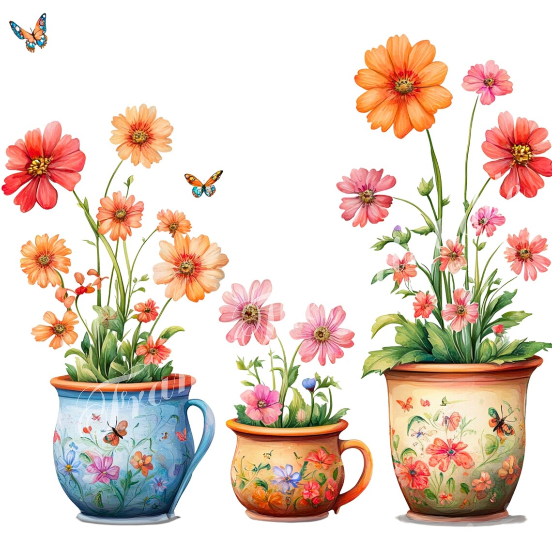 12 Whimsical Pots of Flowers Clip Art ,watercolour Row of Flowers, High ...