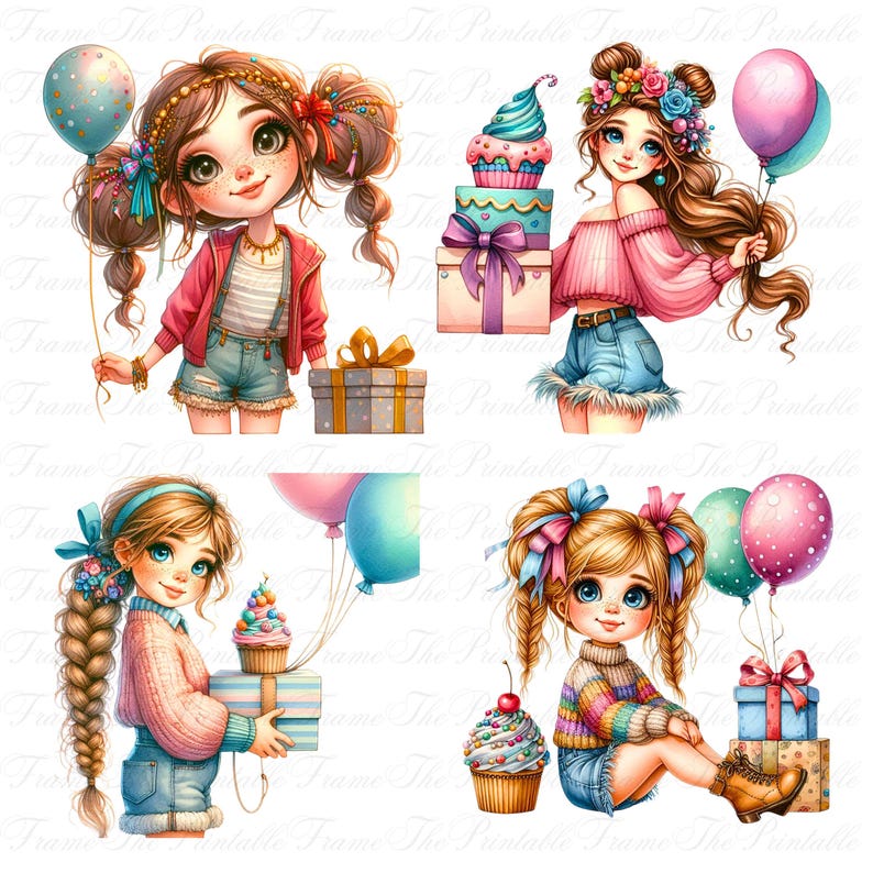 Birthday Girl Clipart PNG, Pastel Balloons, Cupcake Illustrations ...