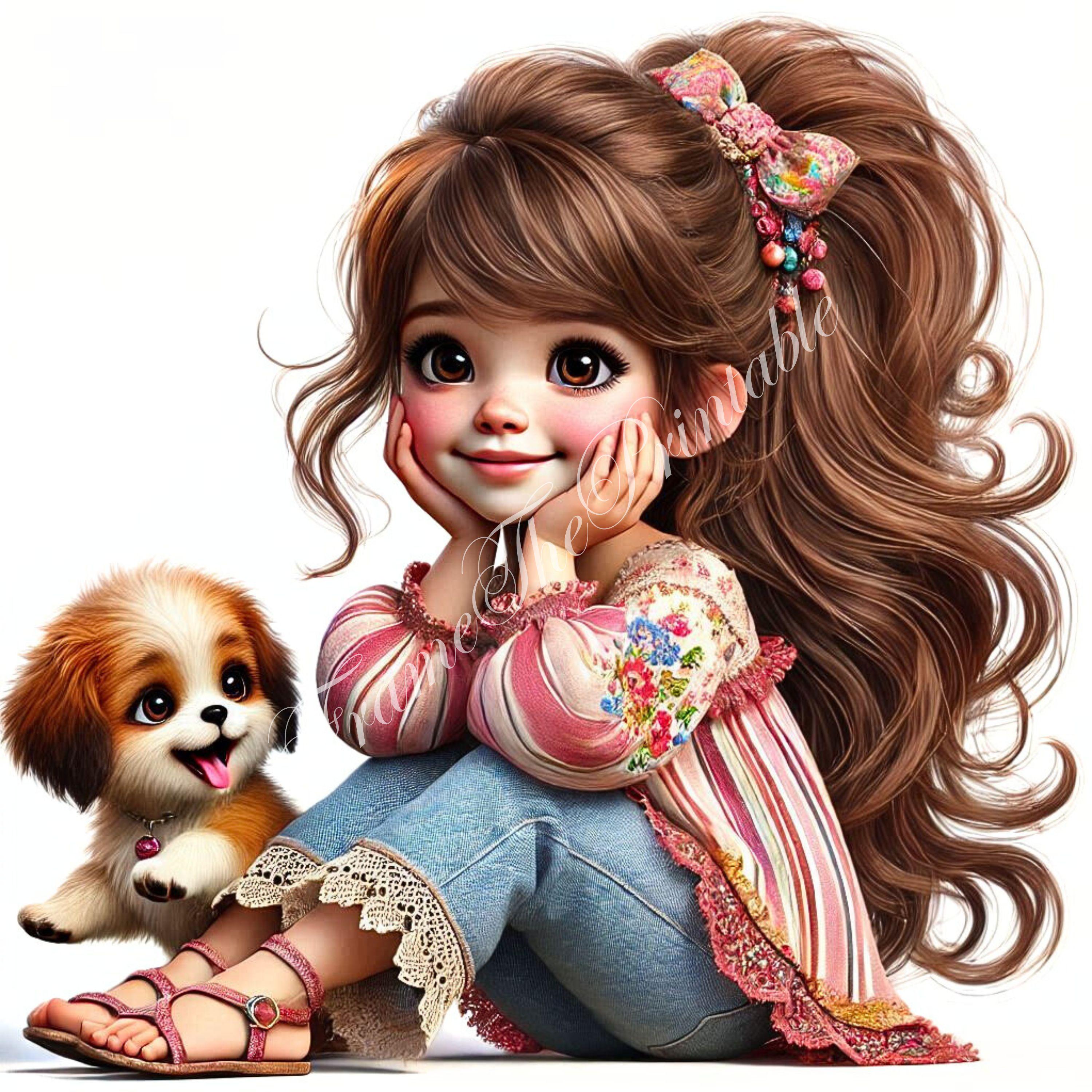 Girl With Puppy Clipart Whimsical Cute Girl With Dog Bundle Watercolour ...