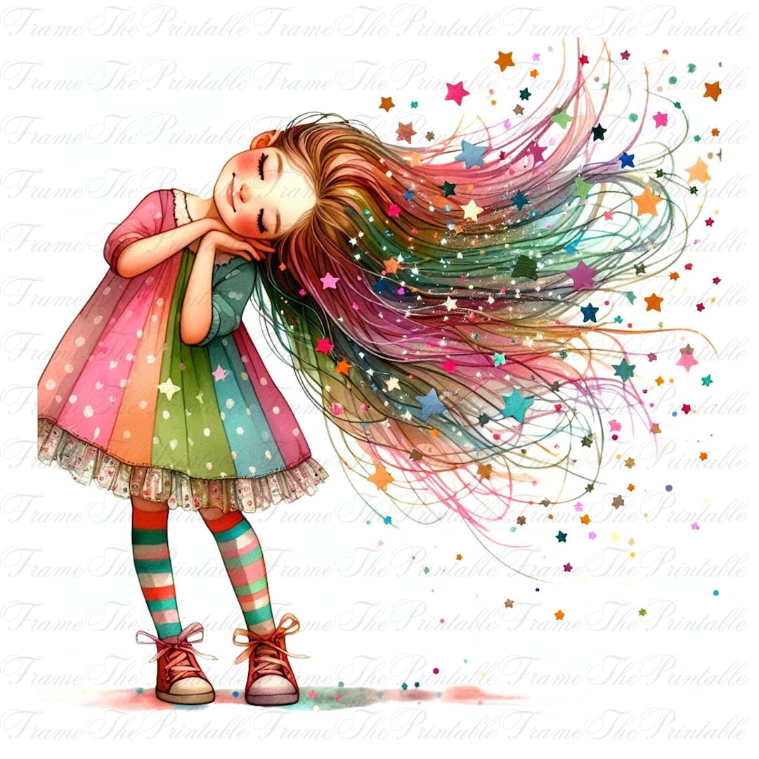 Starry Girl Clipart, Rainbow Hair Girl PNG, Whimsical Girl Clip Art ...