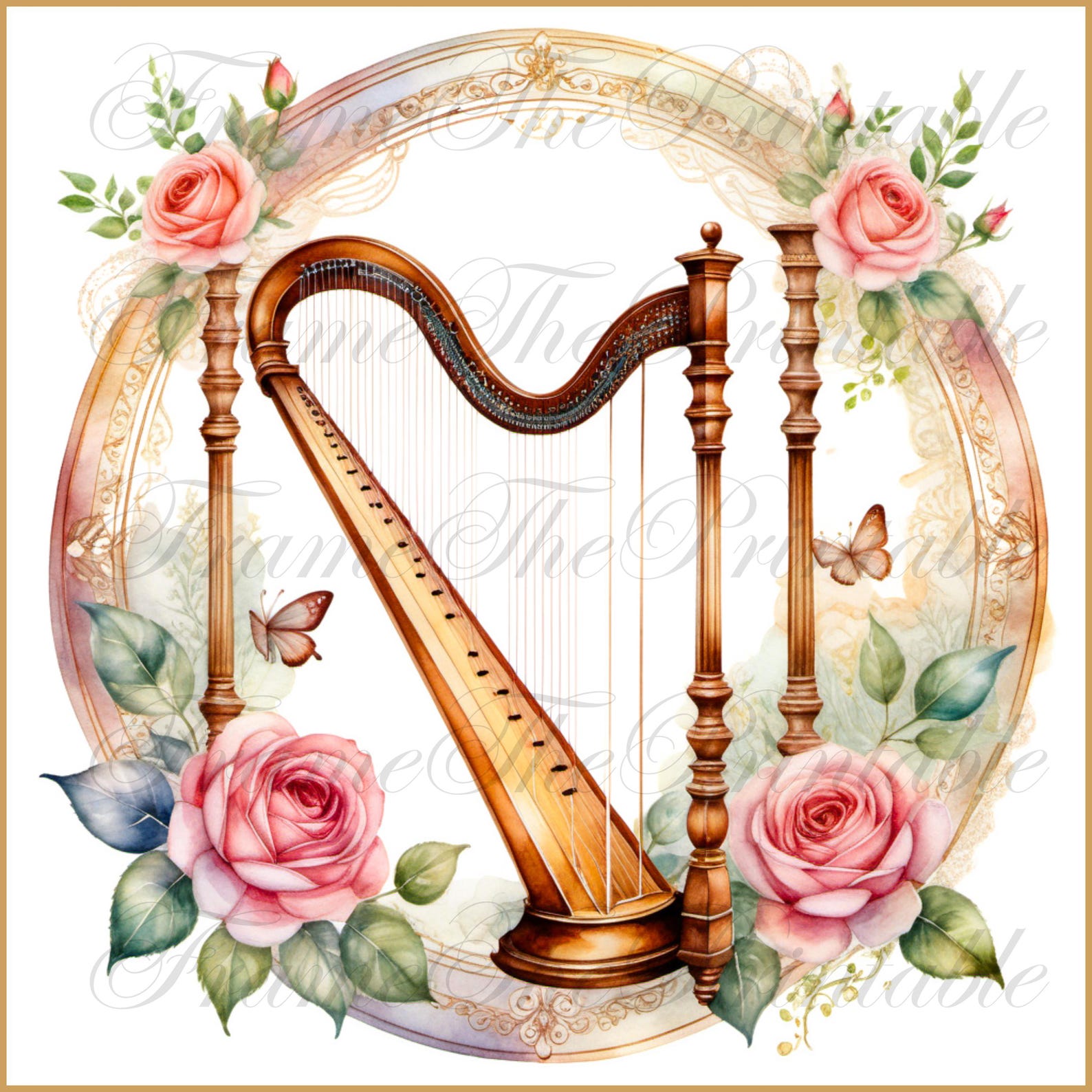Vintage Floral Harp With Roses Clipart Printable Pictures Aesthetic ...