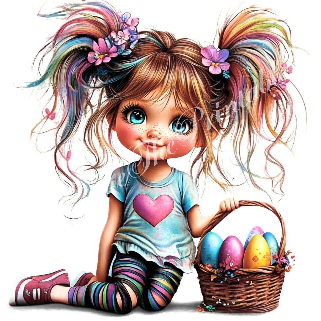 Easter Girl Clipart PNG, Cute Spring Illustration, Basket of Eggs, Girl ...