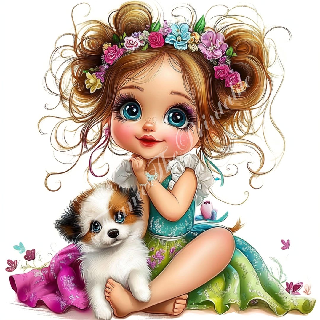 12 Cute Beautiful Girl With Puppy Clipart Whimsical Girl With Animal ...