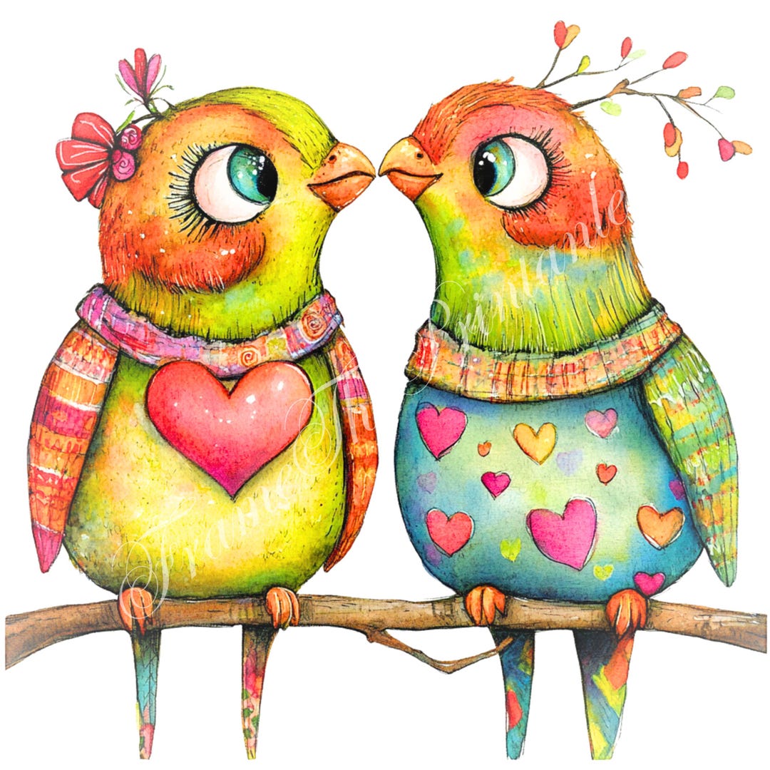 Valentines Birds Love Clipart, Colourful Birds, Whimsical Animals, JPG ...