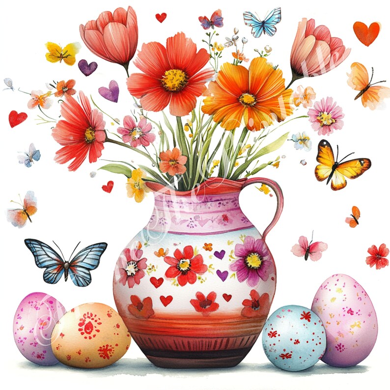 10 Cute Whimsical Flowers and Easter Eggs Clipart, Commercial Use Art ...