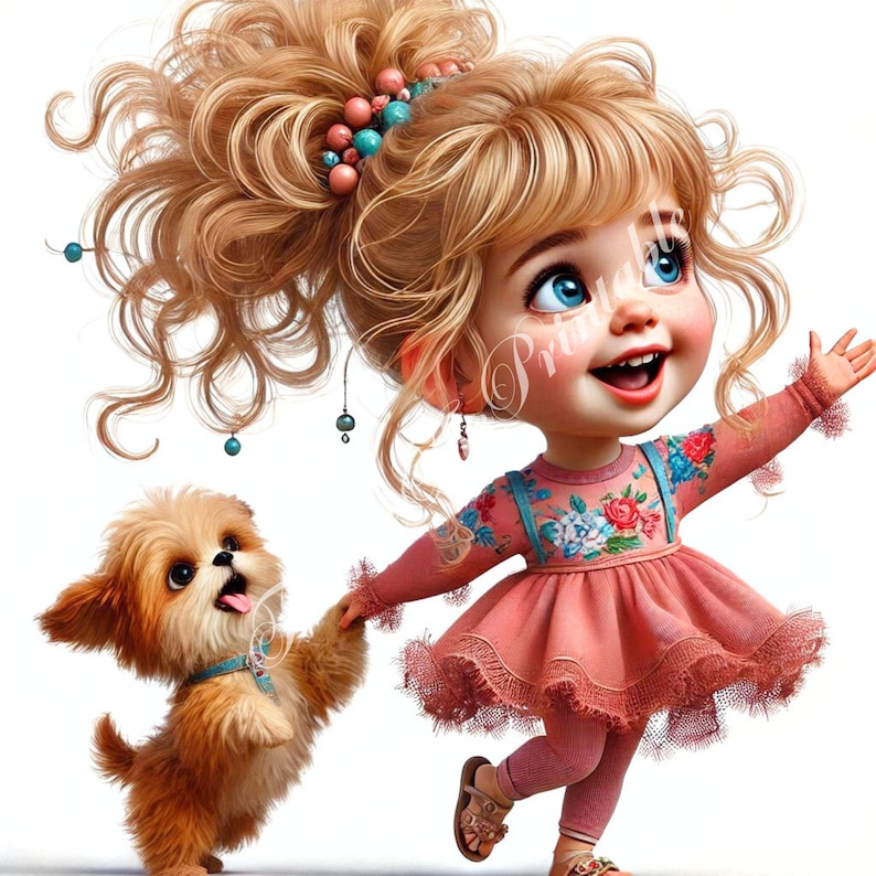 Quirky Blonde Girl With Puppy Clipart Whimsical Cute Girl and Dog ...