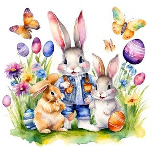 Easter Bunny Floral Family Clipart Whimsical Rabbits With Eggs Bundle ...