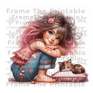 Whimsical Girl With Kitten Clipart, Digital Art Bundle, Cozy ...