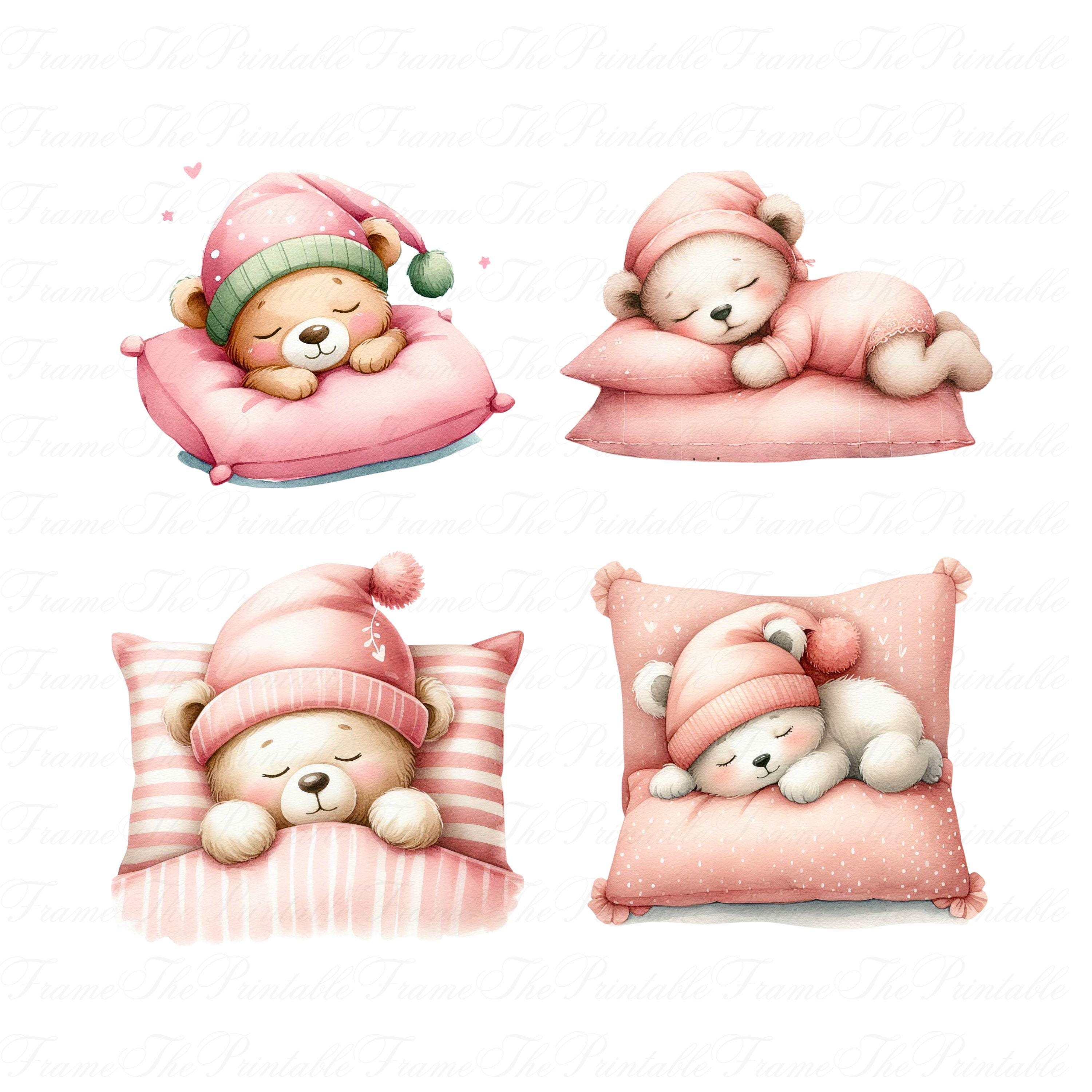 Sleeping Bear Clipart PNG Set Cute Baby Girl Teddy in Pink Pajamas ...